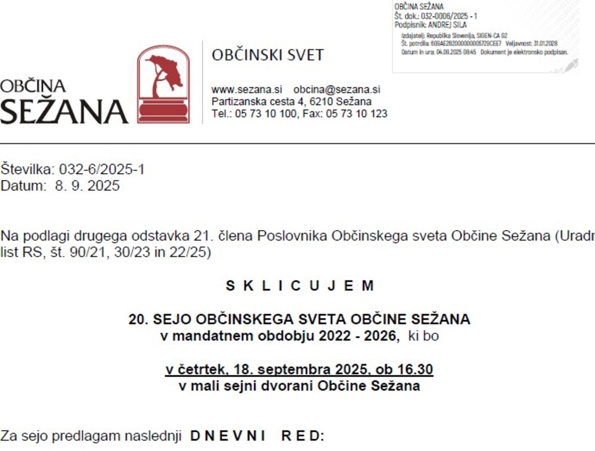 20. redna seja občinskega sveta v mandatnem obdobju 2022 - 2026 - sezana.si